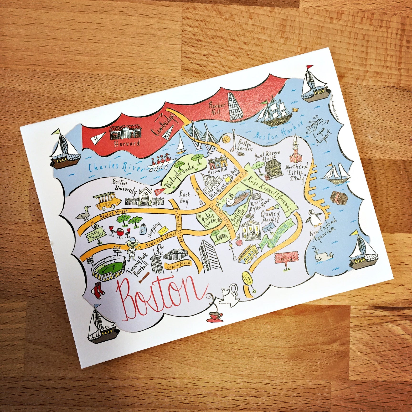 Boston City Map Full Color Note Card – Gooseberry Designs